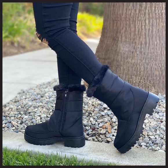 BAMBOO | Shoes | Black Puffer Nylon Fabric Mid Calf Winter Boot | Poshmark